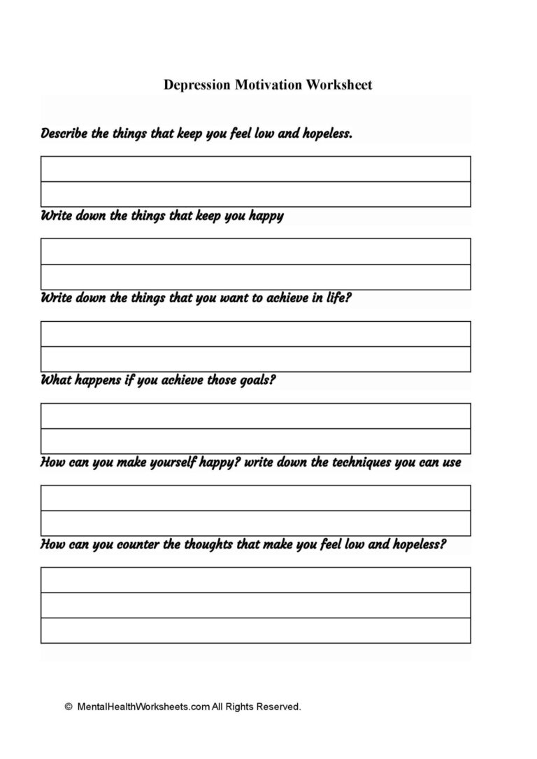 Depression Motivation Worksheet Mental Health Worksheets | Coping ...